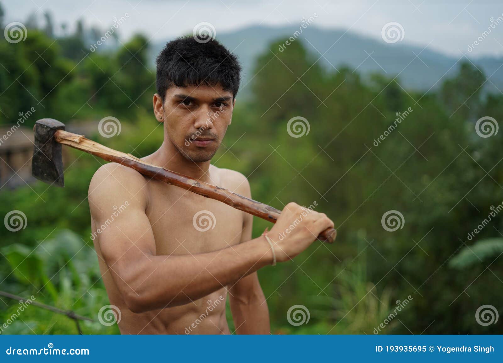 Young Handsome Shirtless Boy Holding Axe in His Shoulders Stock Image ...
