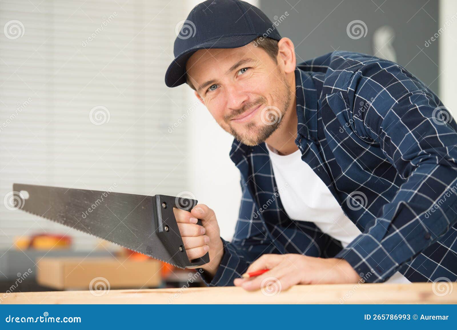 Young Handsome Smiling Carpenter in Workshop Stock Image - Image of ...