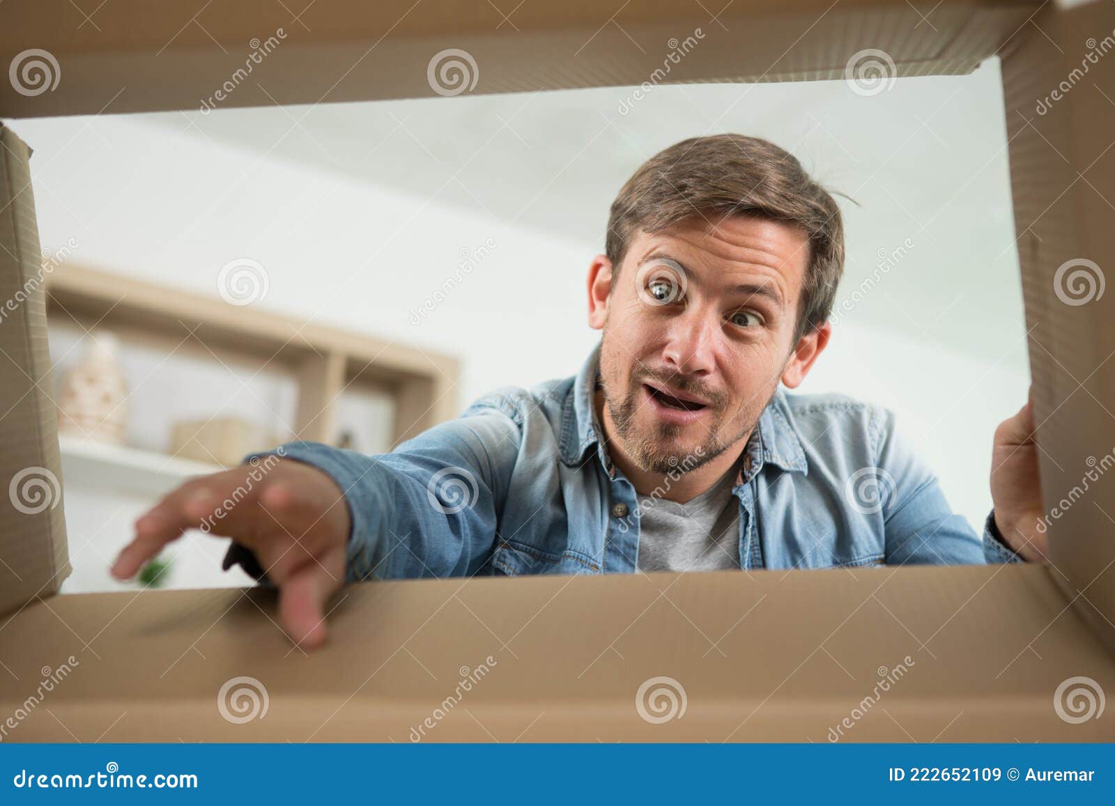 Young Handsome Smiling Reaching for Something Inside Box Stock Image ...