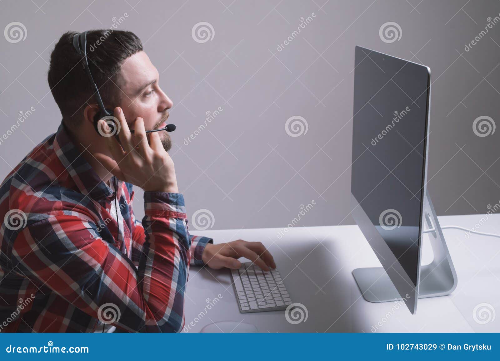 Young Handsome Technical Support Dispatcher Working, Closeup. Man Work ... Young Handsome Technical Support Dispatcher Working, Closeup. Man Work ...