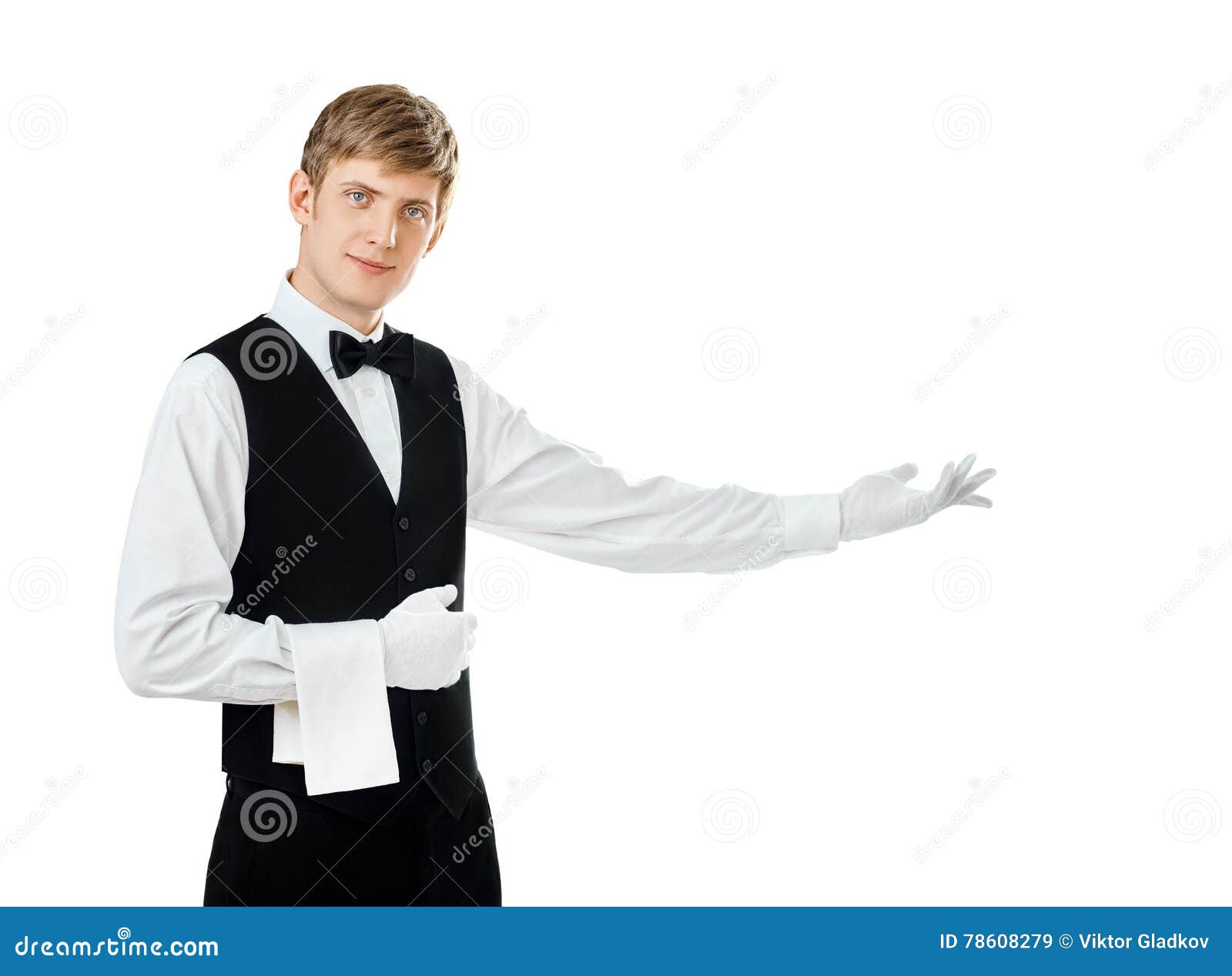 Young Handsome Waiter Gesturing Welcome Stock Image - Image of gloves ...
