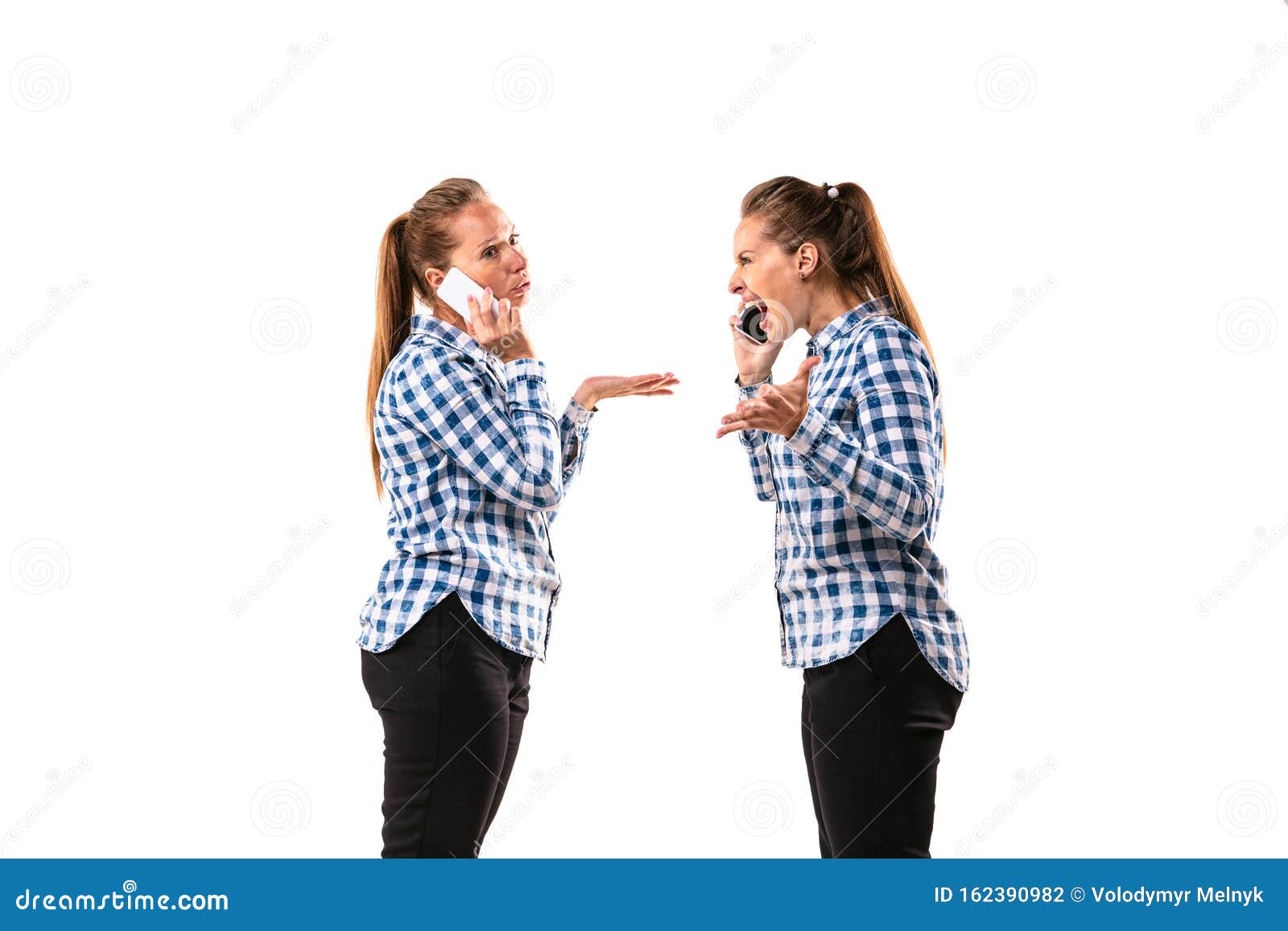 Young Handsome Woman Arguing with Herself on White Studio Background ...