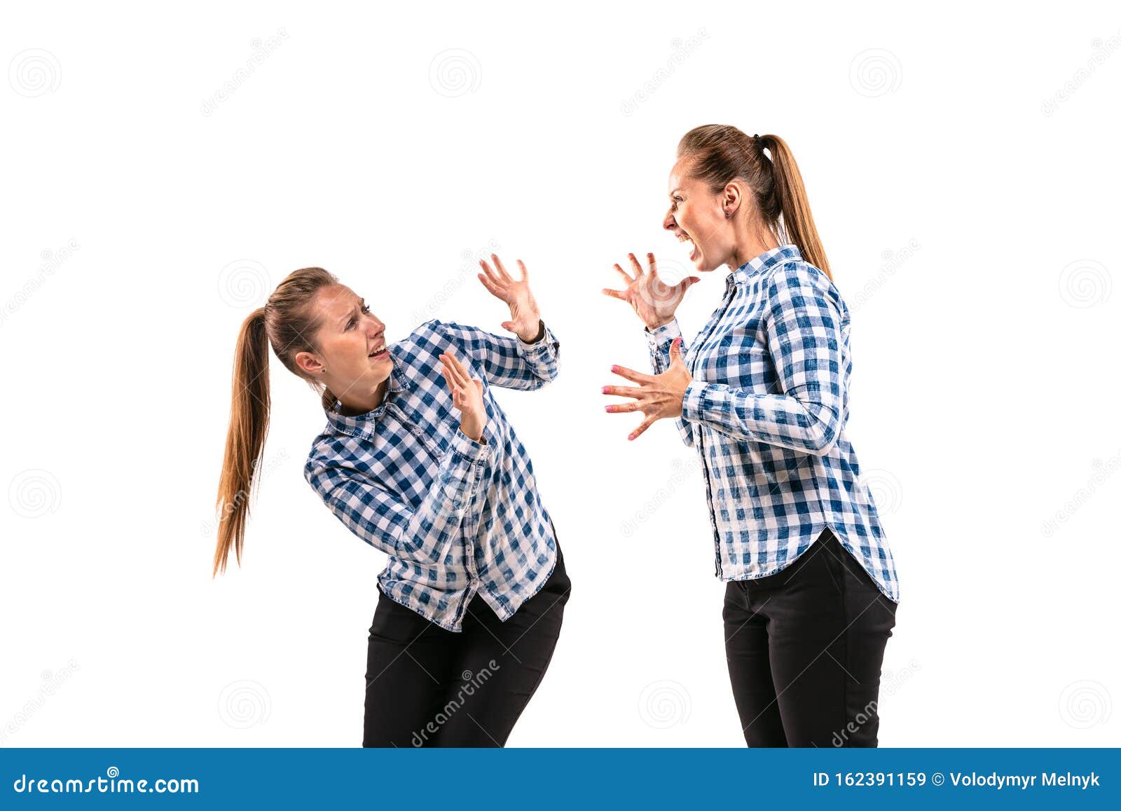 Young Handsome Woman Arguing with Herself on White Studio Background ...