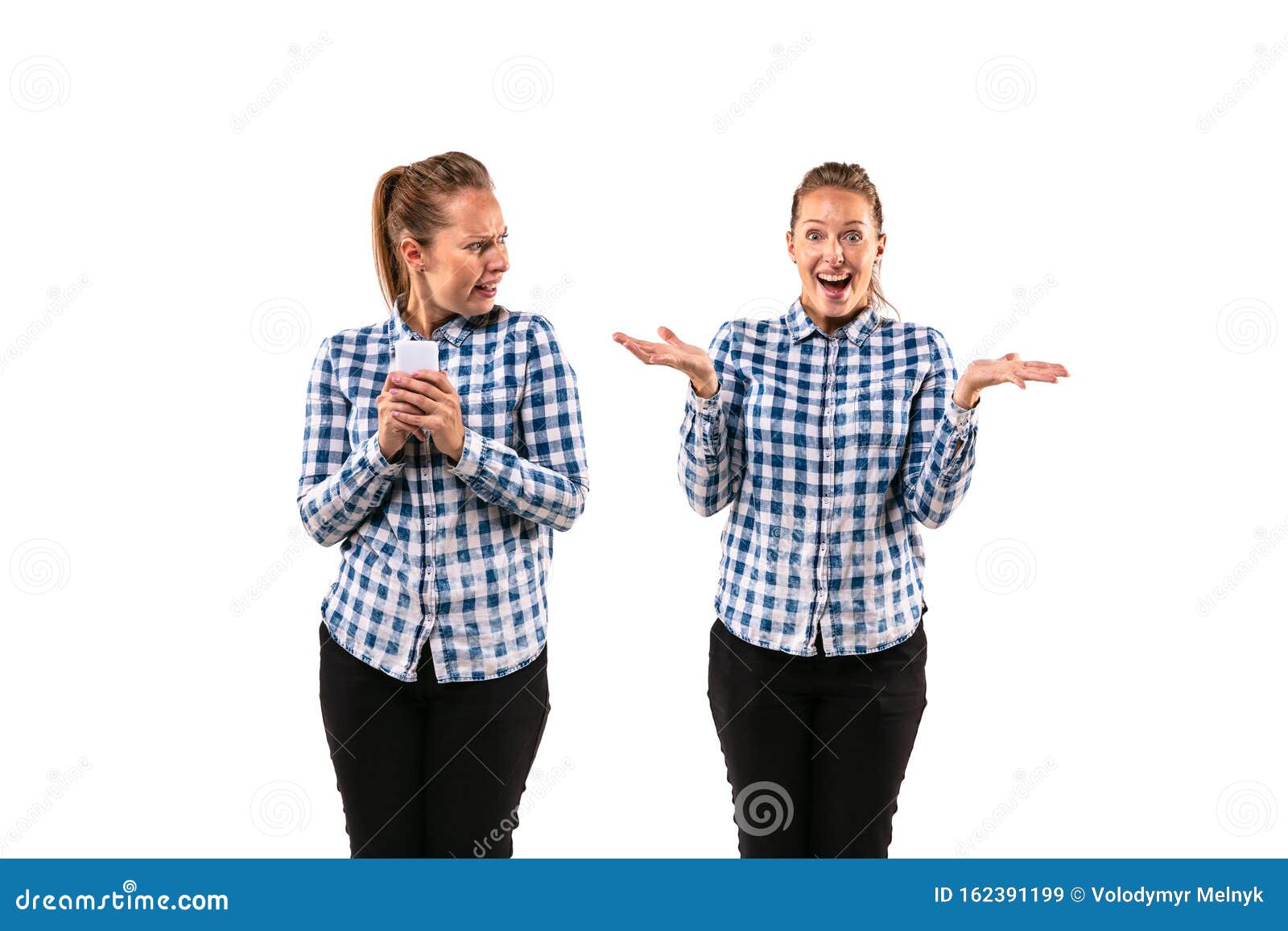 Young Handsome Woman Arguing with Herself on White Studio Background ...
