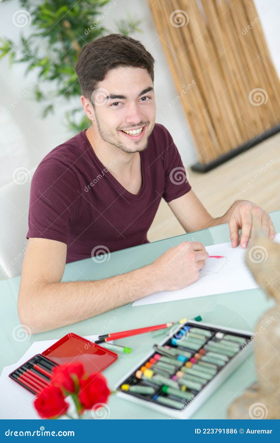 Young Happy Artist Drawing Something at Home Stock Photo - Image of ...