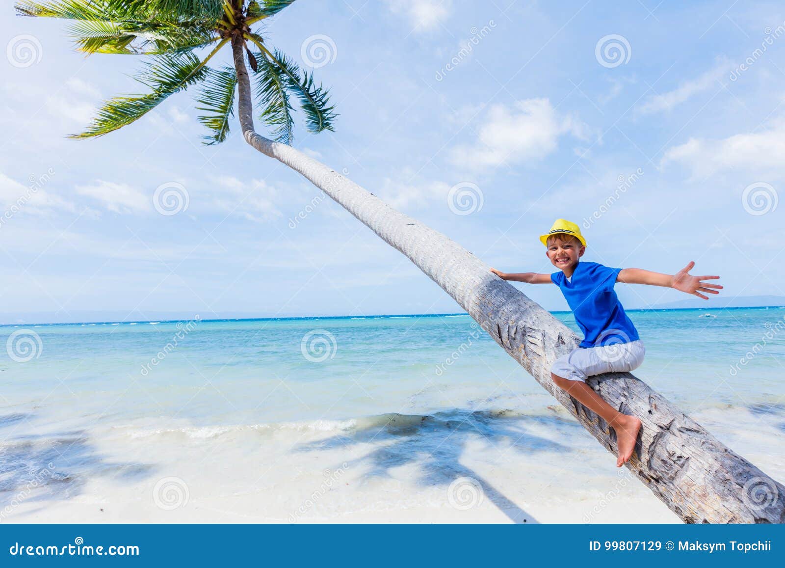 Young Boy Sits on a Palm Tree in a Tropical Beach Stock Image - Image ...
