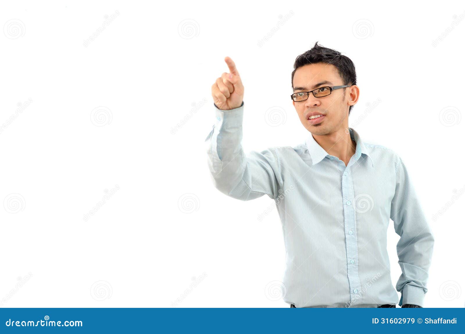 Young Happy Business Man Touch a Button on an Imaginary Screen Stock ...