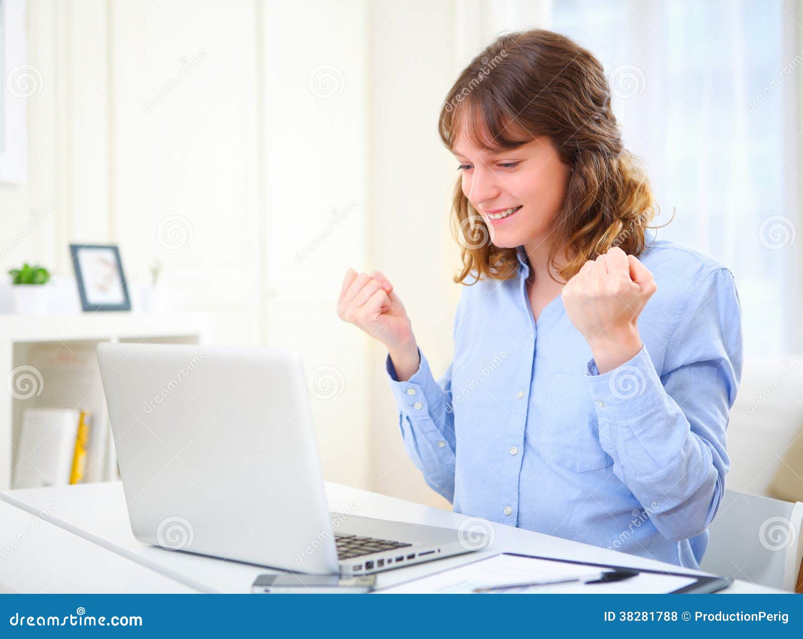 Young Happy Business Woman at Work Stock Photo - Image of shirt, glory ...