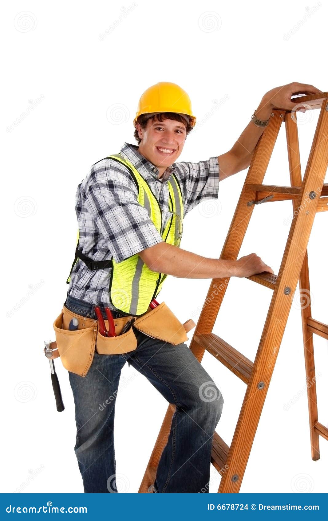 Young Happy Carpenter with Ladders Stock Photo - Image of contractor ...