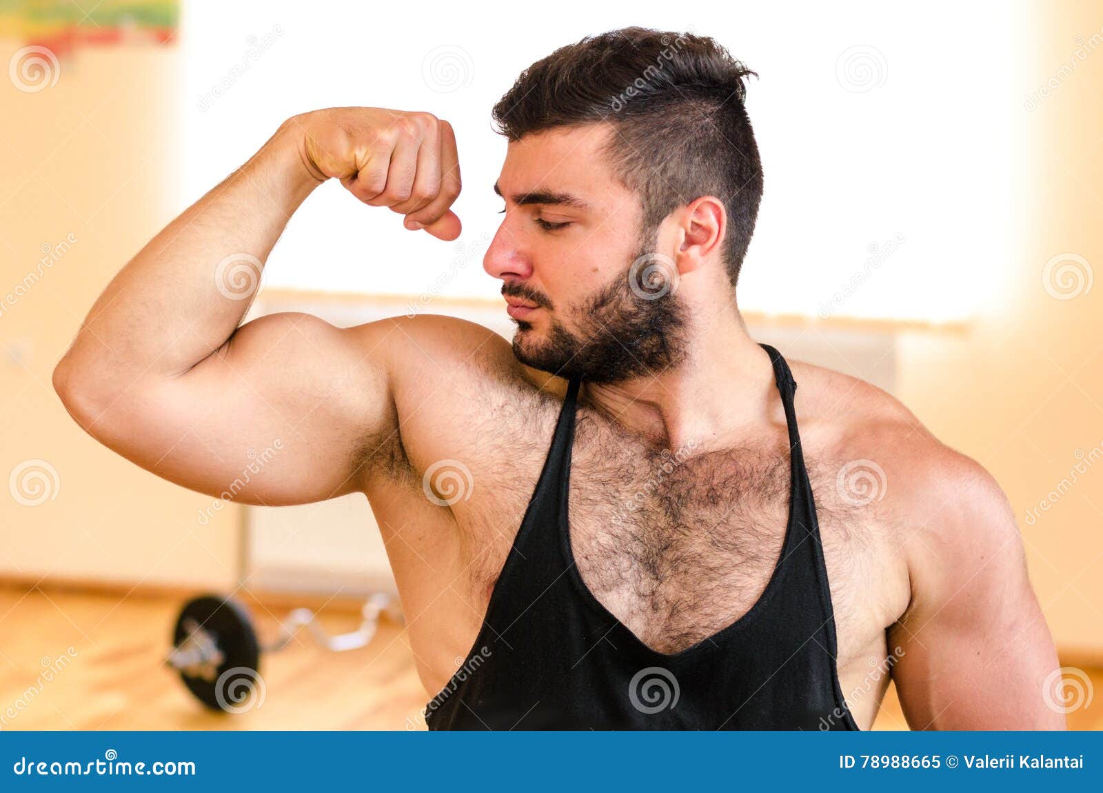 Young Happy Caucasian Bodybuilder Posing in Front of Mirror. Stock ...