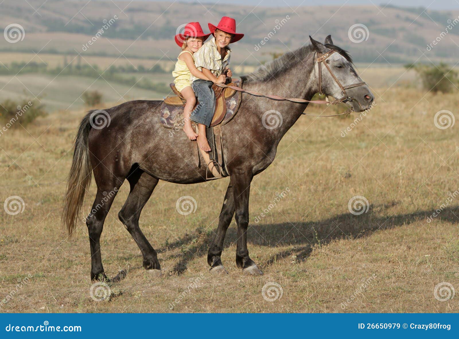 Young Happy Children Riding Horse Stock Image - Image of family ...