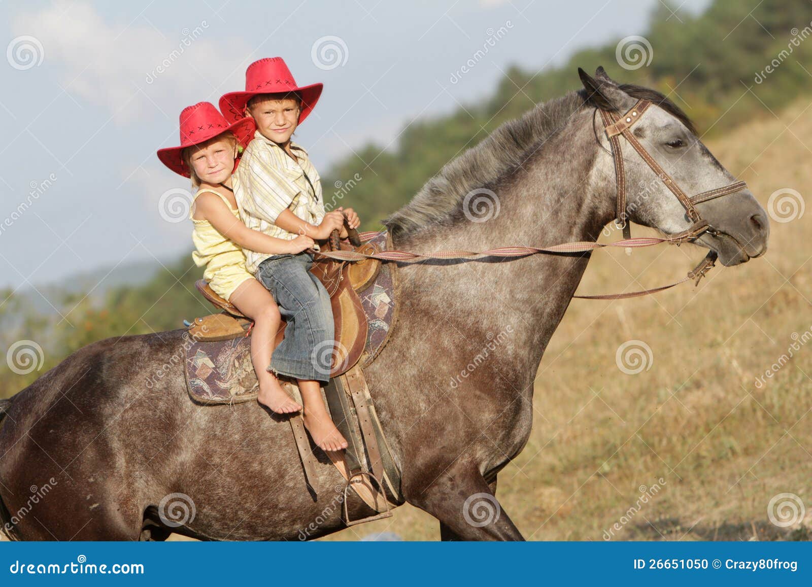 Young Happy Children Riding Horse Stock Photo - Image of ecotourism ...