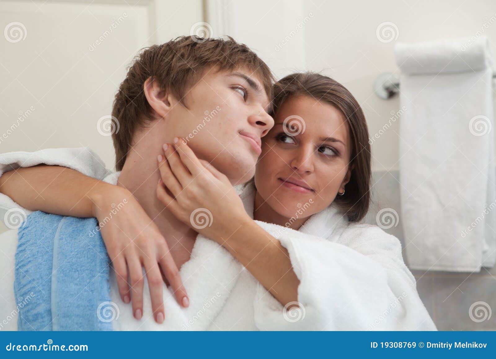 Young Happy Couple in a Bathroom. Stock Image - Image of couple ...