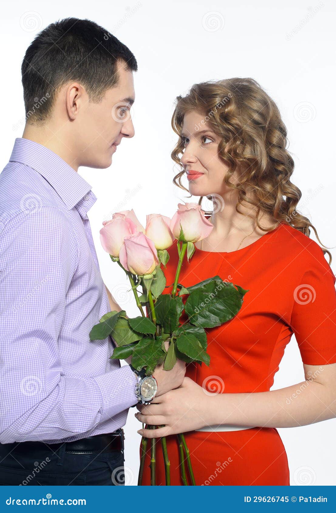 Young Happy Couple with Pink Roses Stock Image - Image of handsome ...