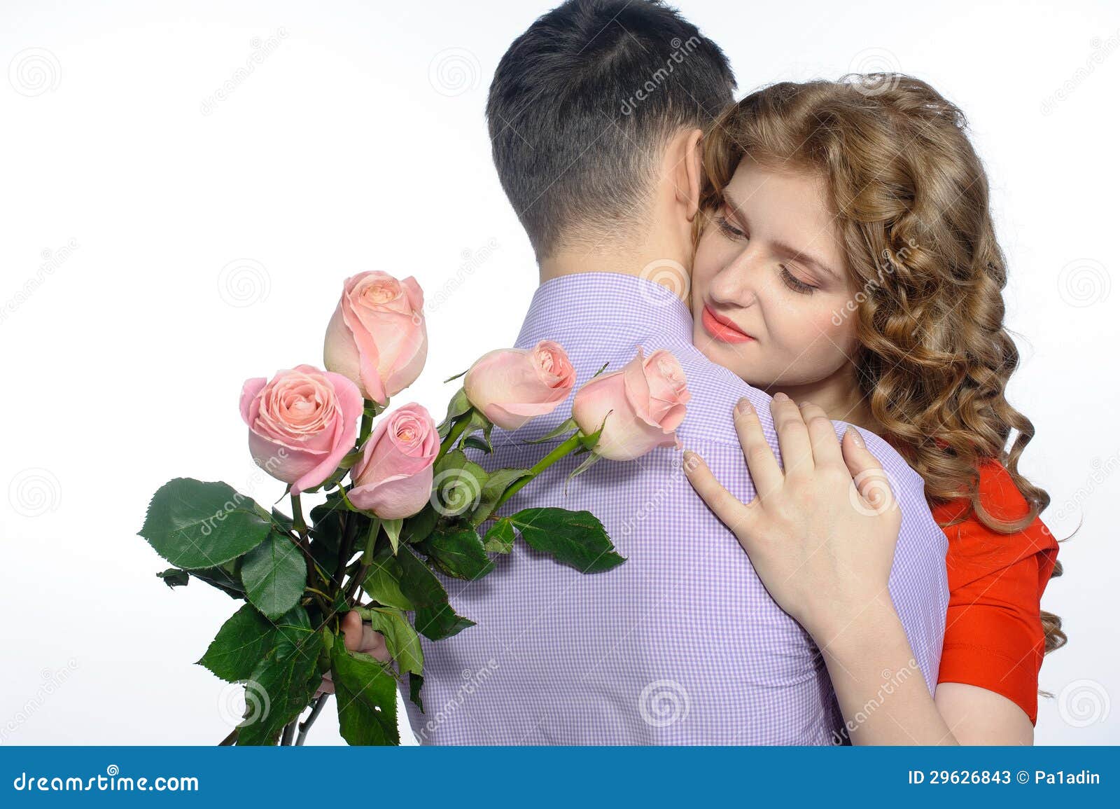 Young Happy Couple with Pink Roses Stock Image - Image of people, love ...