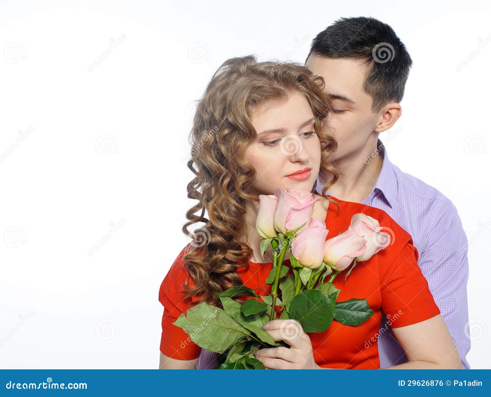Young Happy Couple with Pink Roses Stock Photo - Image of lovers ...