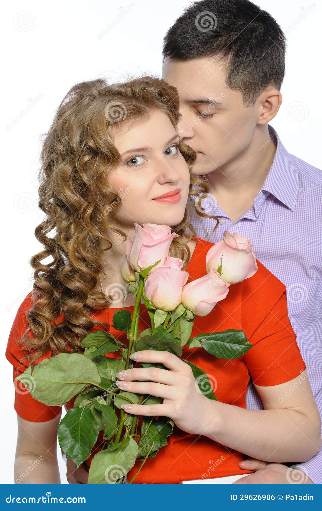 Young Happy Couple with Pink Roses Stock Photo - Image of isolated ...