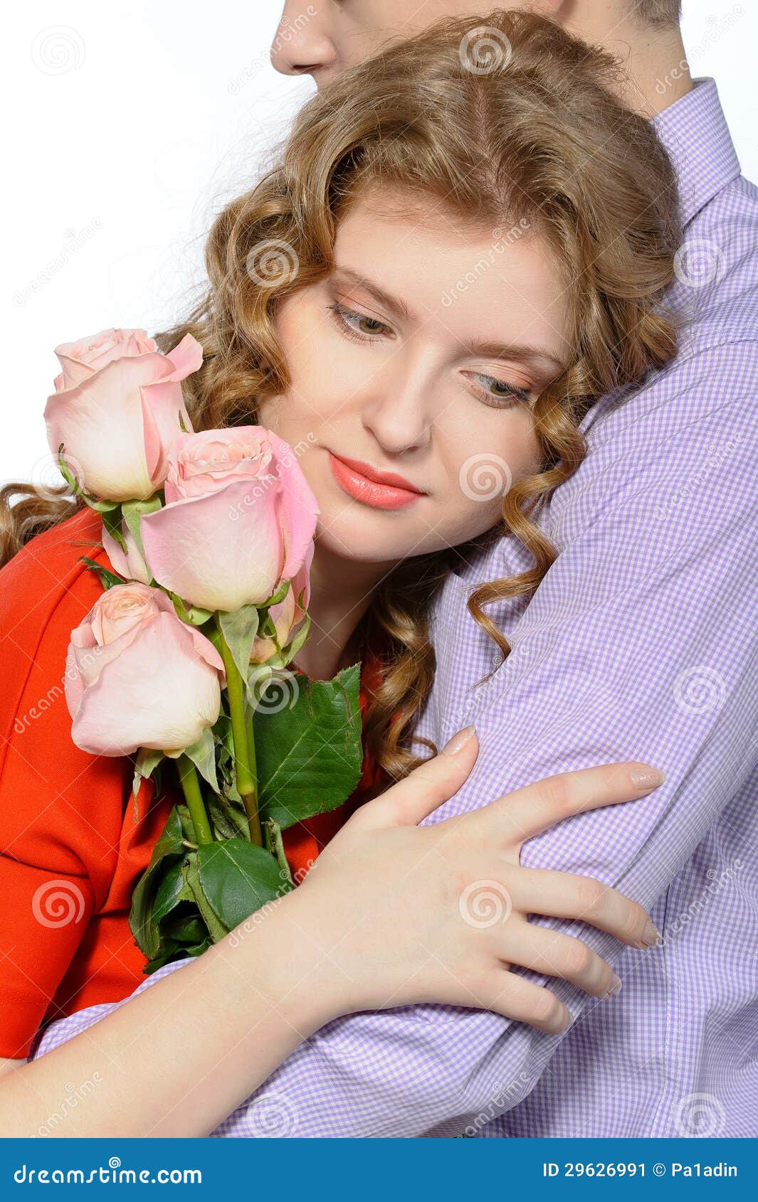 Young Happy Couple with Pink Roses Stock Image - Image of male ...