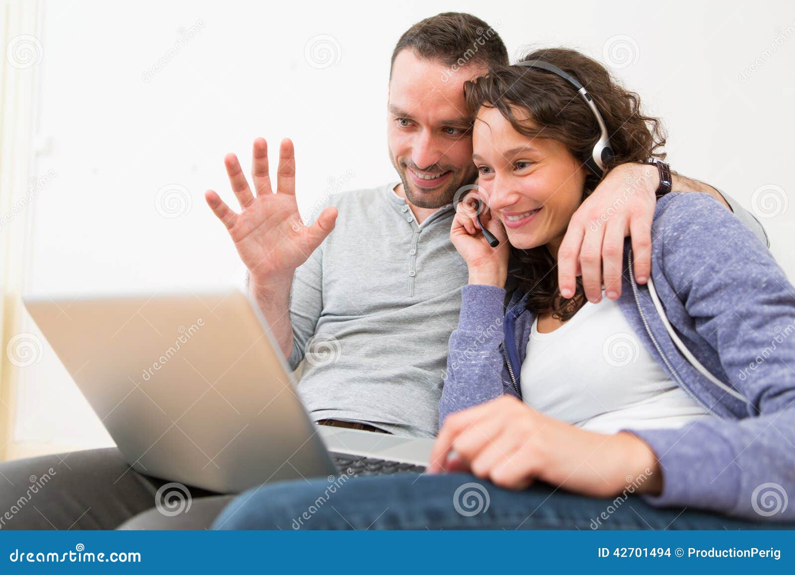 Young Happy Couple Video Calling on Computer Stock Photo - Image of ...