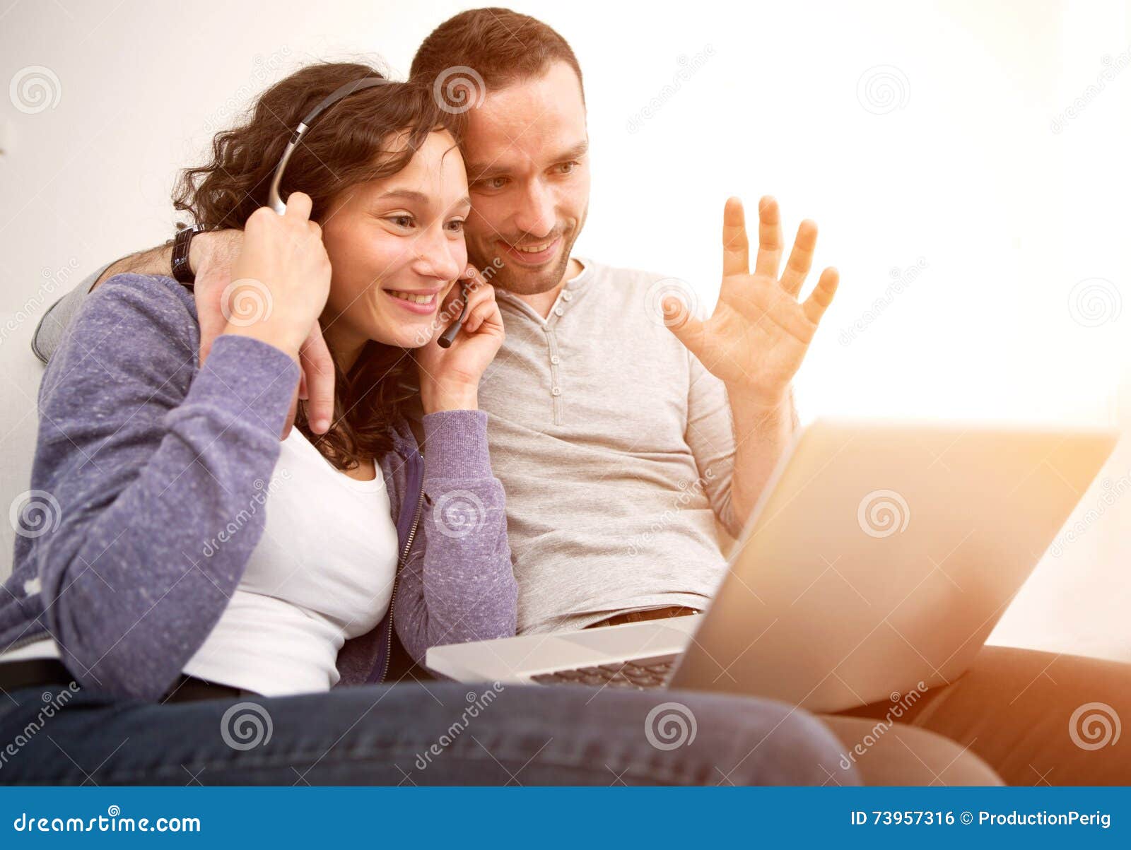 Young Happy Couple Video Calling on Tablet Stock Photo - Image of ...