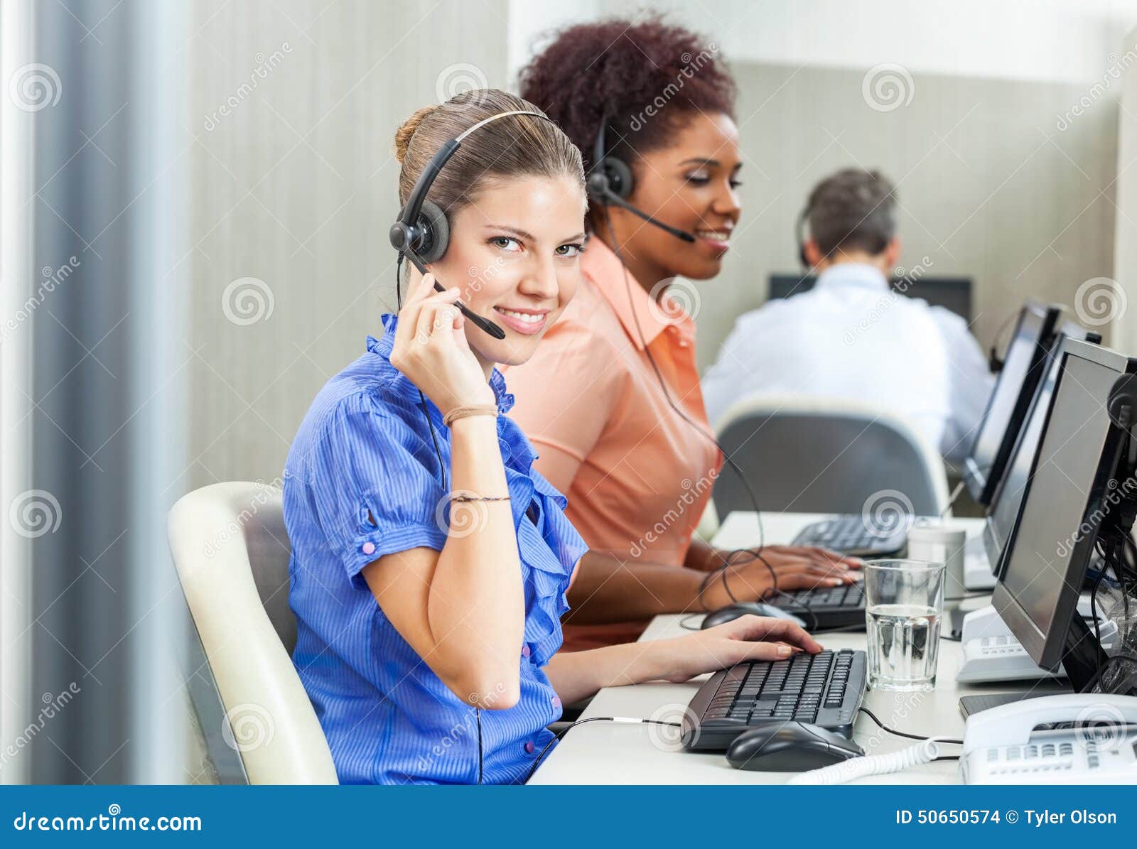Young Happy Customer Service Representative Using Stock Photo - Image ...