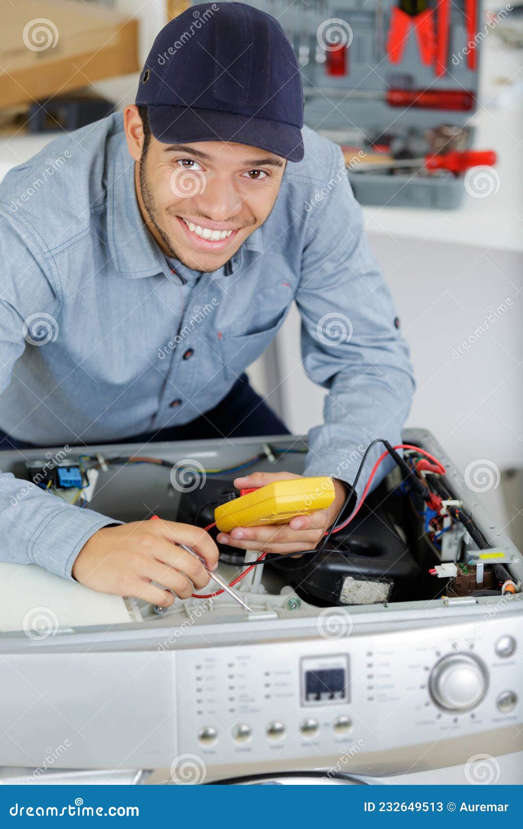Young Happy Electrician Uses Multimeter Stock Image - Image of ...