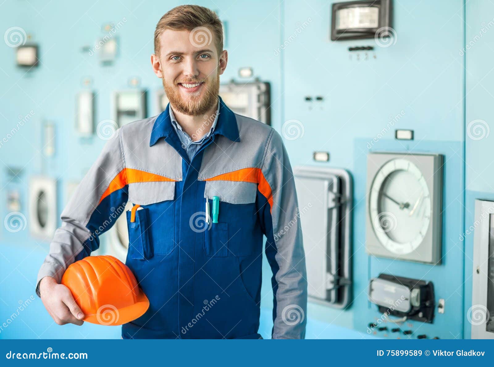 Young Happy Engineer in Control Room Stock Image - Image of equipment ...