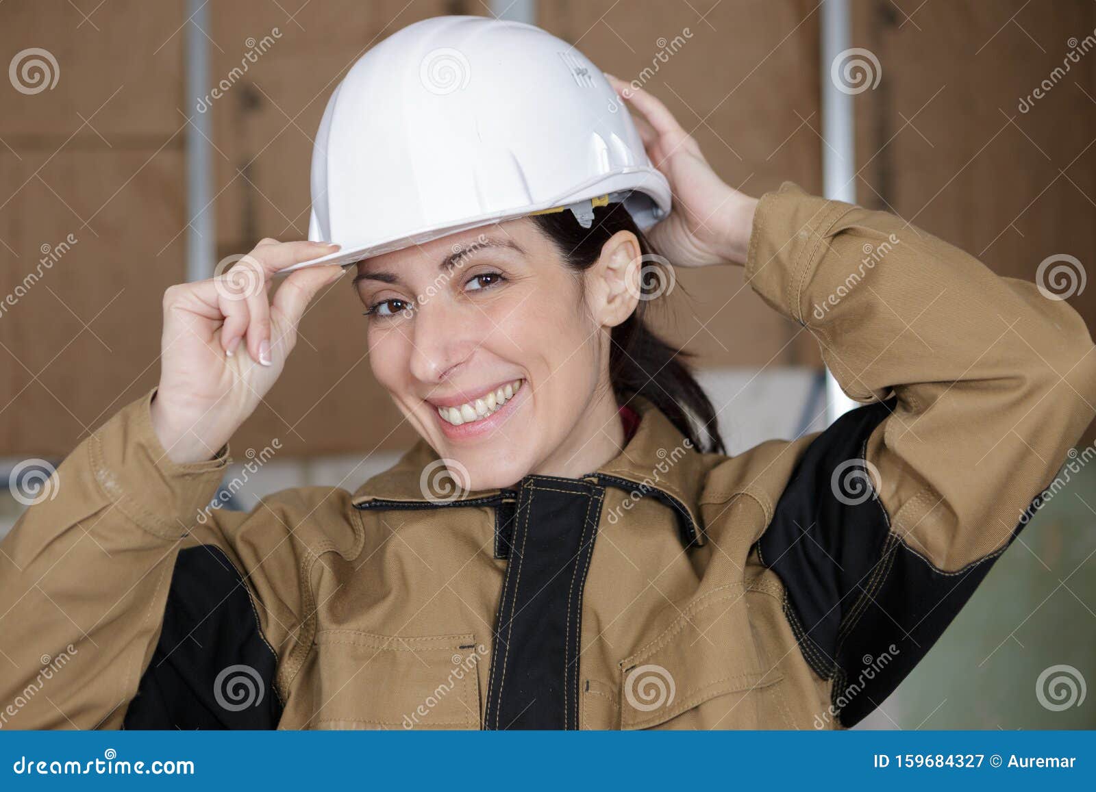Young happy female builder stock image. Image of happy - 159684327