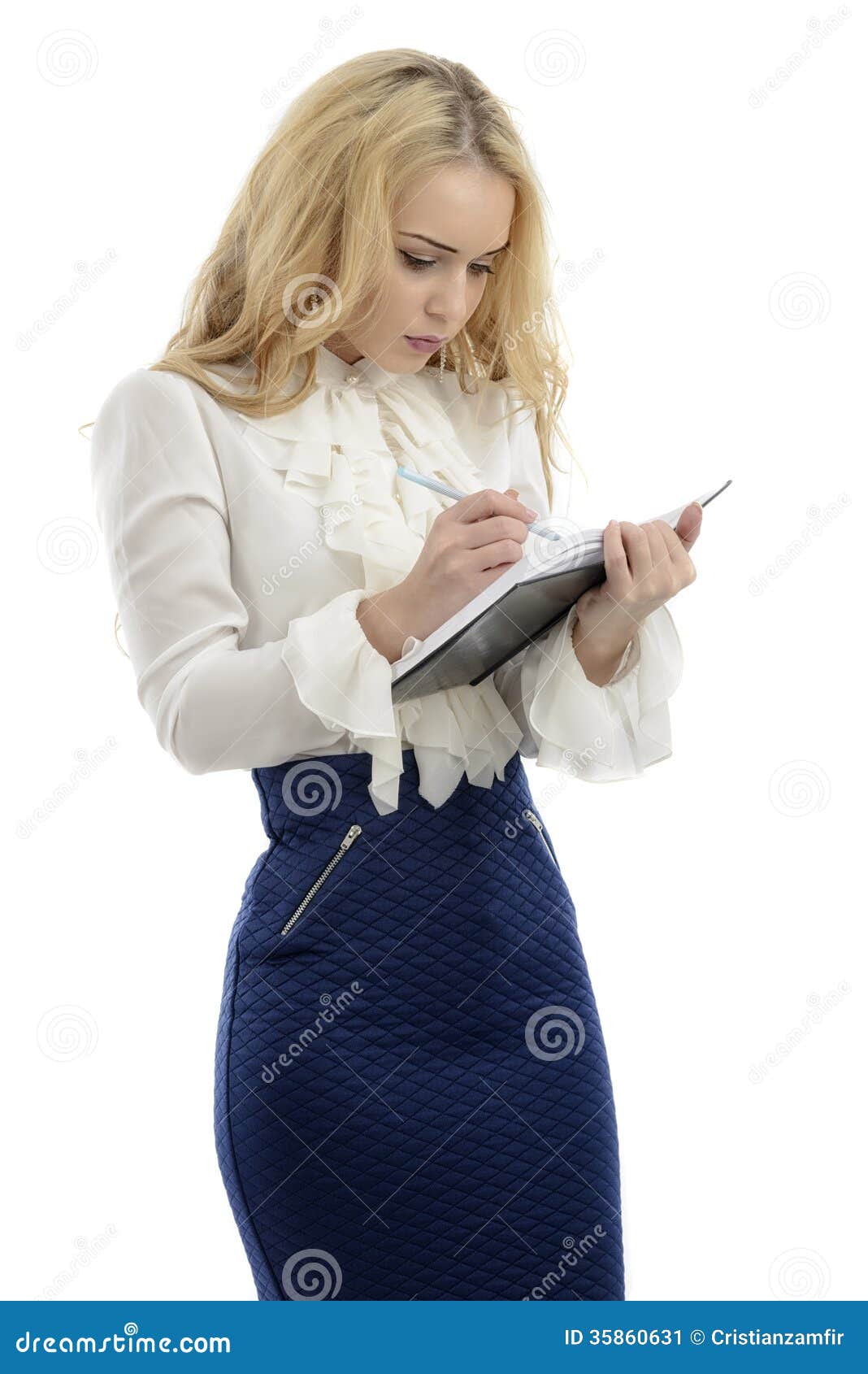 Young Happy Female Makes Some Notes in Notepad, Isolated on Whit Stock ...