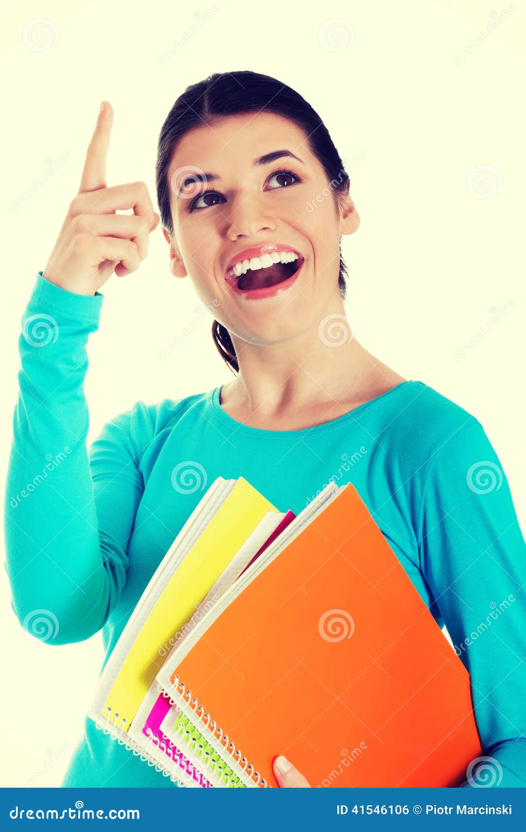 Young Happy Female Student is Pointing Up Stock Photo - Image of ...