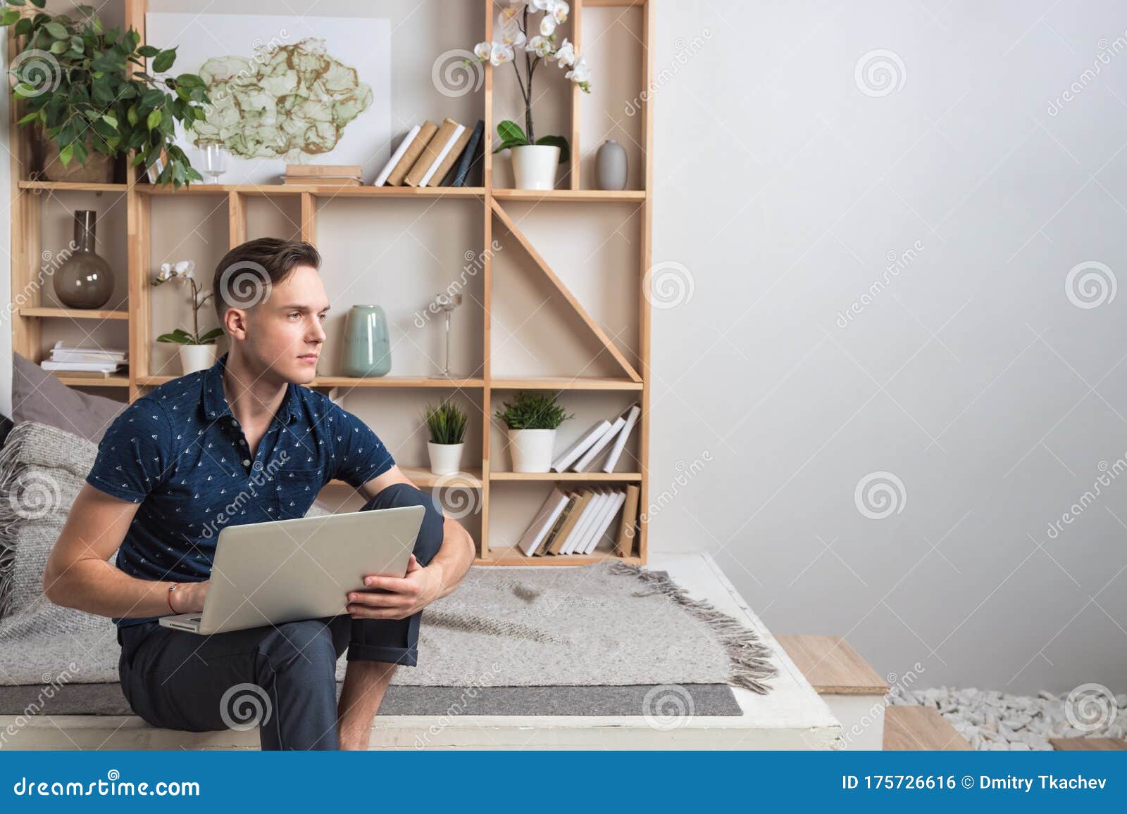 Young Happy Freelancer Works at Home with Laptop Stock Photo - Image of ...