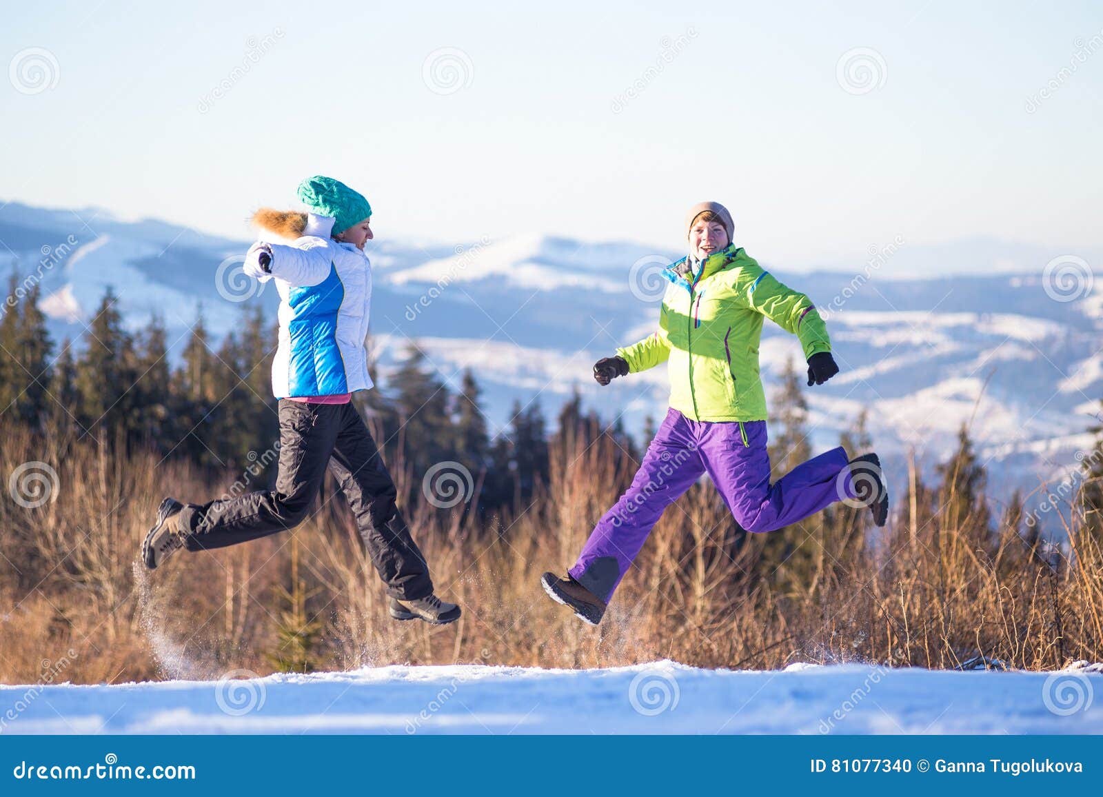 Young Happy Friends Having Fun in Winter Mountains Stock Photo - Image ...