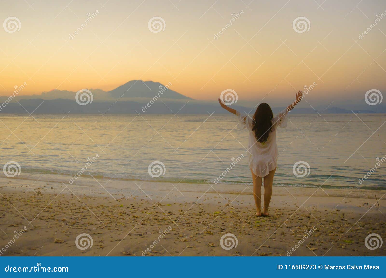 Young Happy And Healthy Woman Spreading Arms Free Standing On Sand