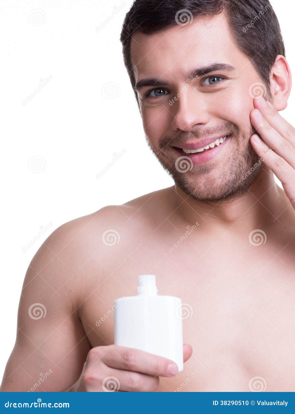 Young Happy Man Applying Cream. Stock Photo - Image of face, happy ...