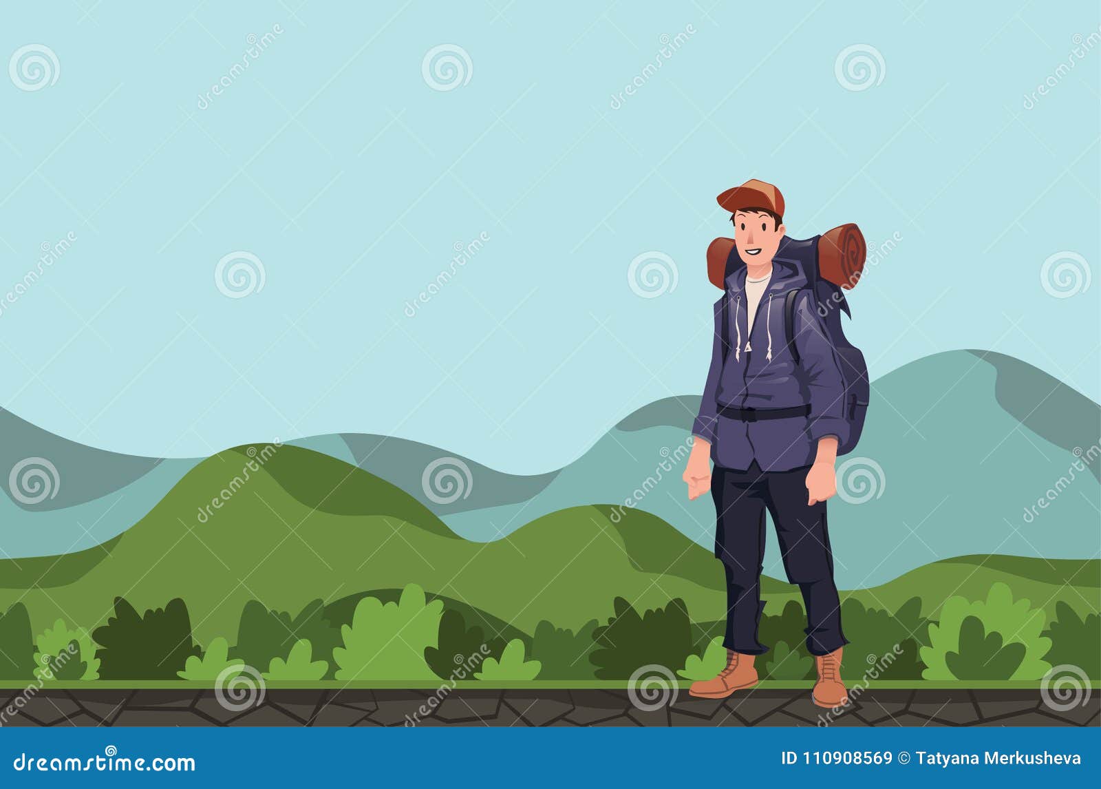A Young Man, Backpacker in a Hilly Area. Hiker, Explorer. Vector ...