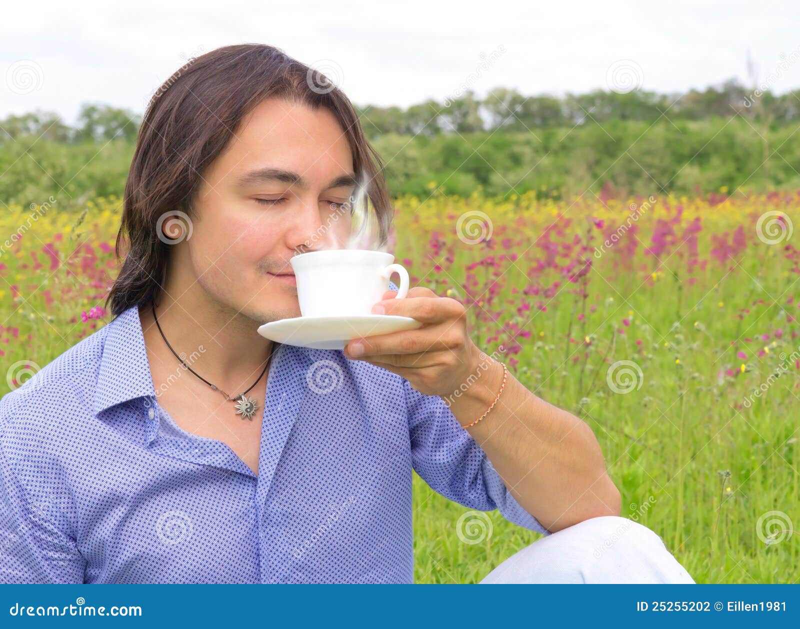Young Happy Man Drinking Coffee Outdoors Stock Photo - Image of nature ...