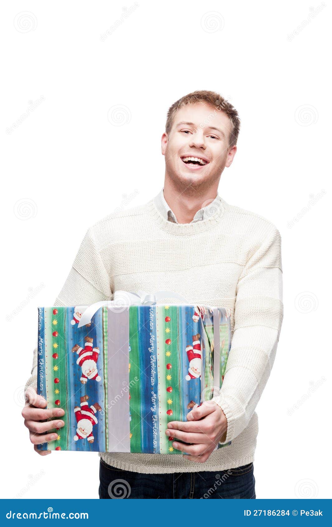 Young Happy Man Holding Big Heavy Gift Stock Photo - Image of adult ...