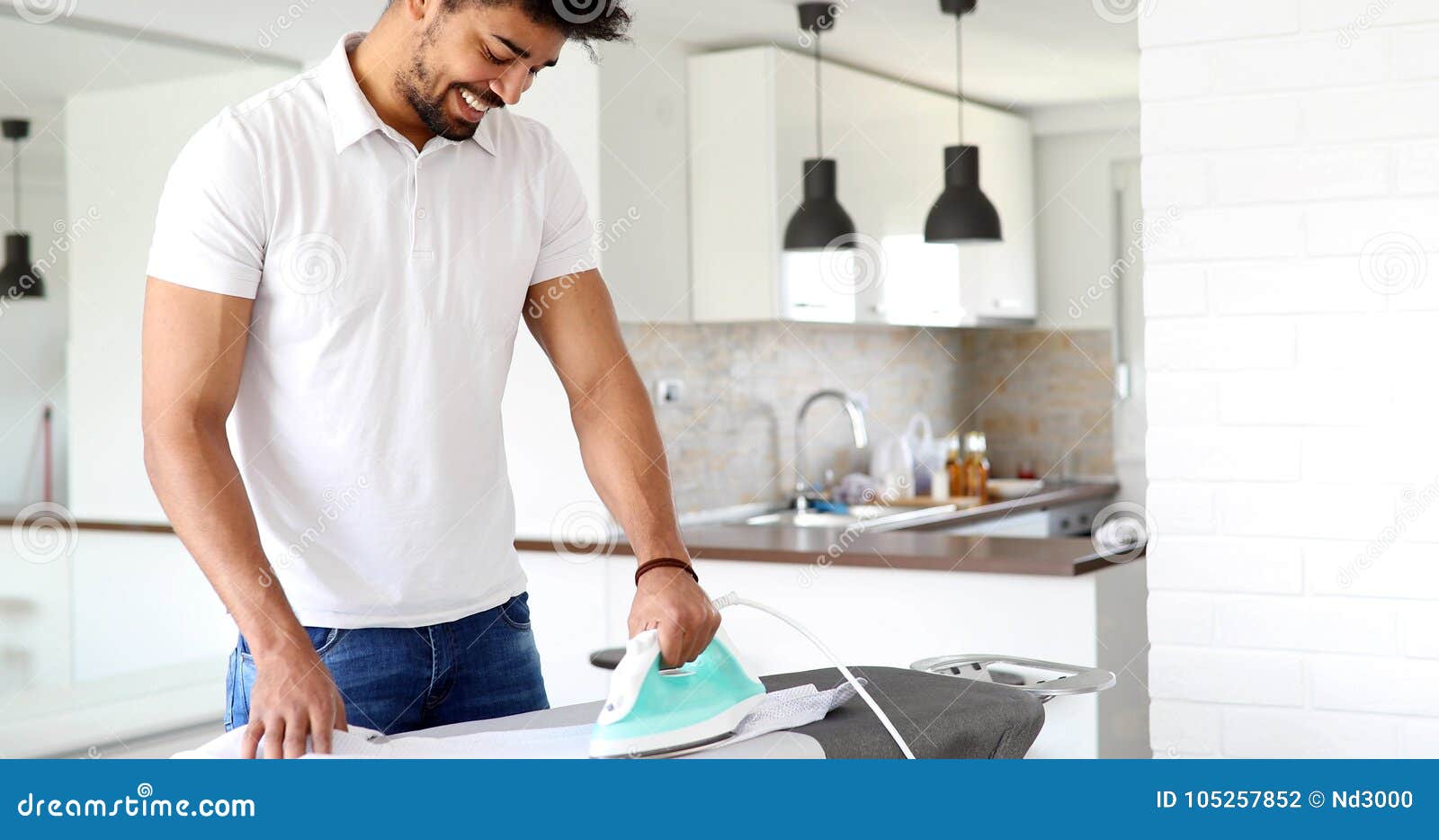 Young Happy Man Ironing Clothes Stock Photo - Image of beard, hygiene ...