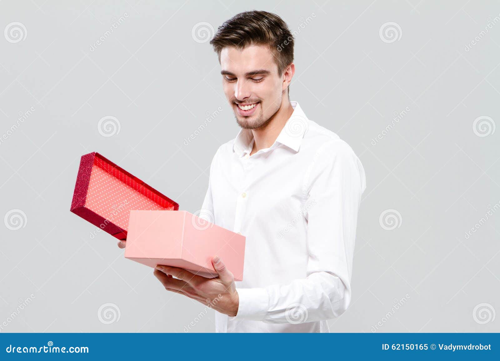 Young Happy Man is Opening a Present Box Stock Image - Image of present ...