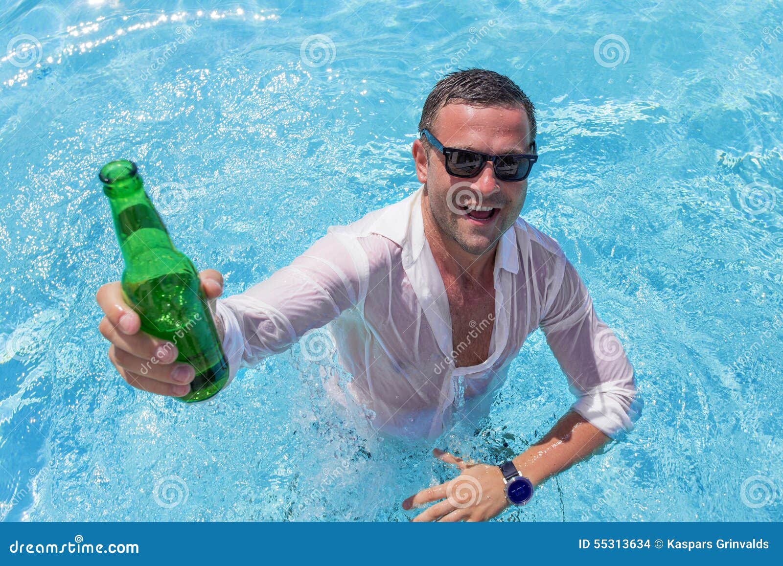 Young Happy Man Partying in Swimming Pool Stock Photo - Image of humor ...