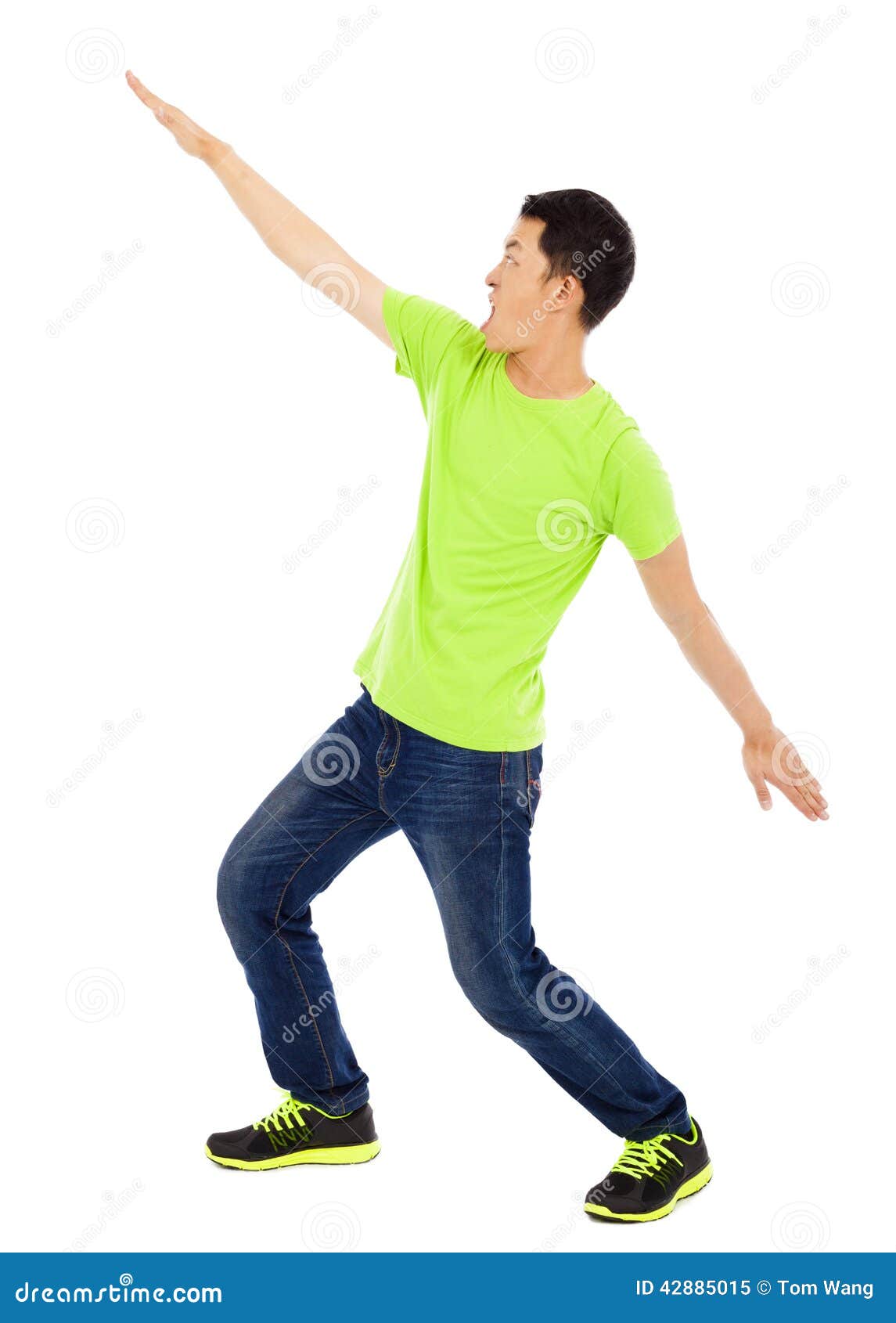 Young Happy Man Raise Hand and Funny Pose Stock Image - Image of adult ...
