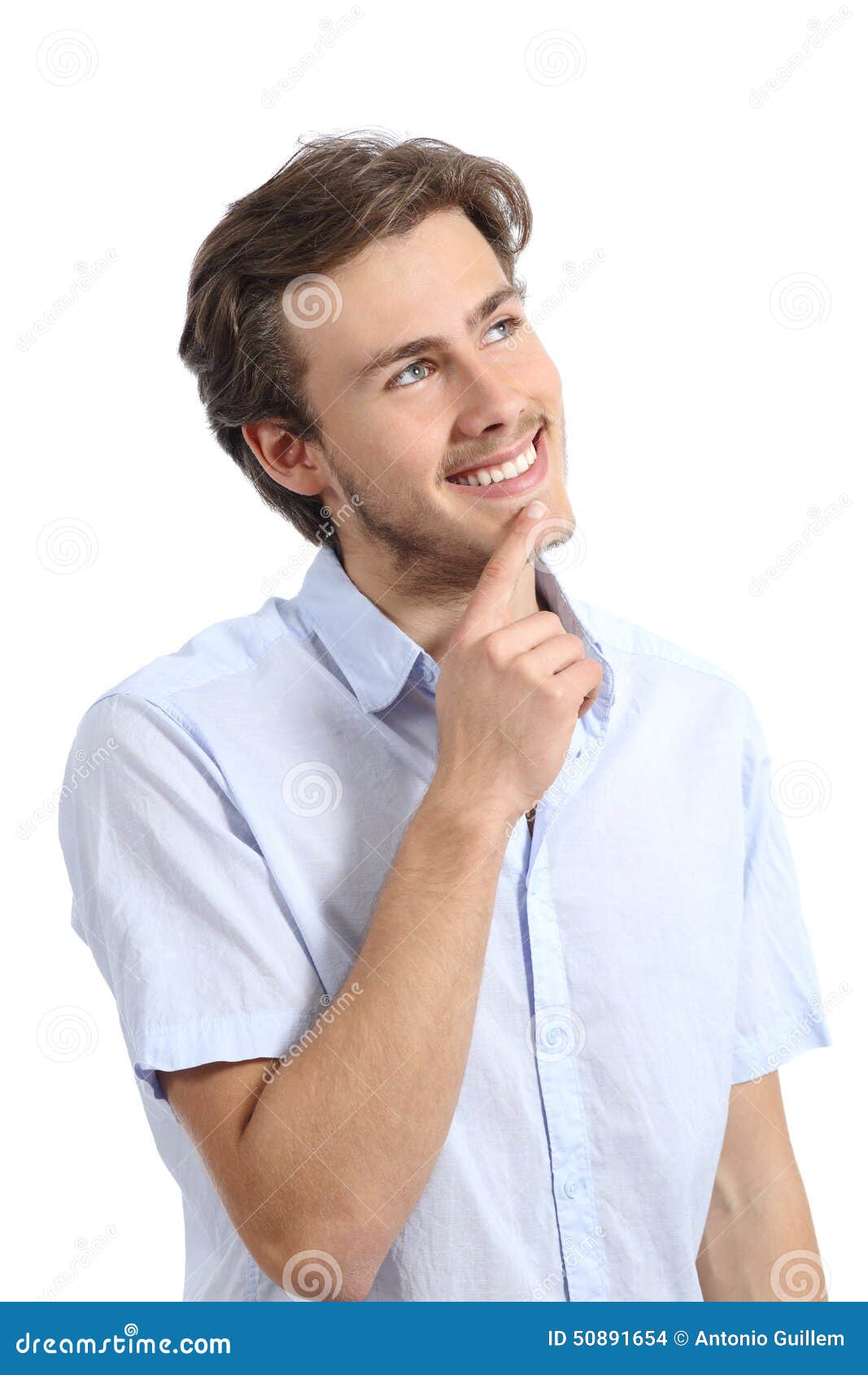 Young Happy Man Thinking with Hand on Chin Stock Photo - Image of ideas ...