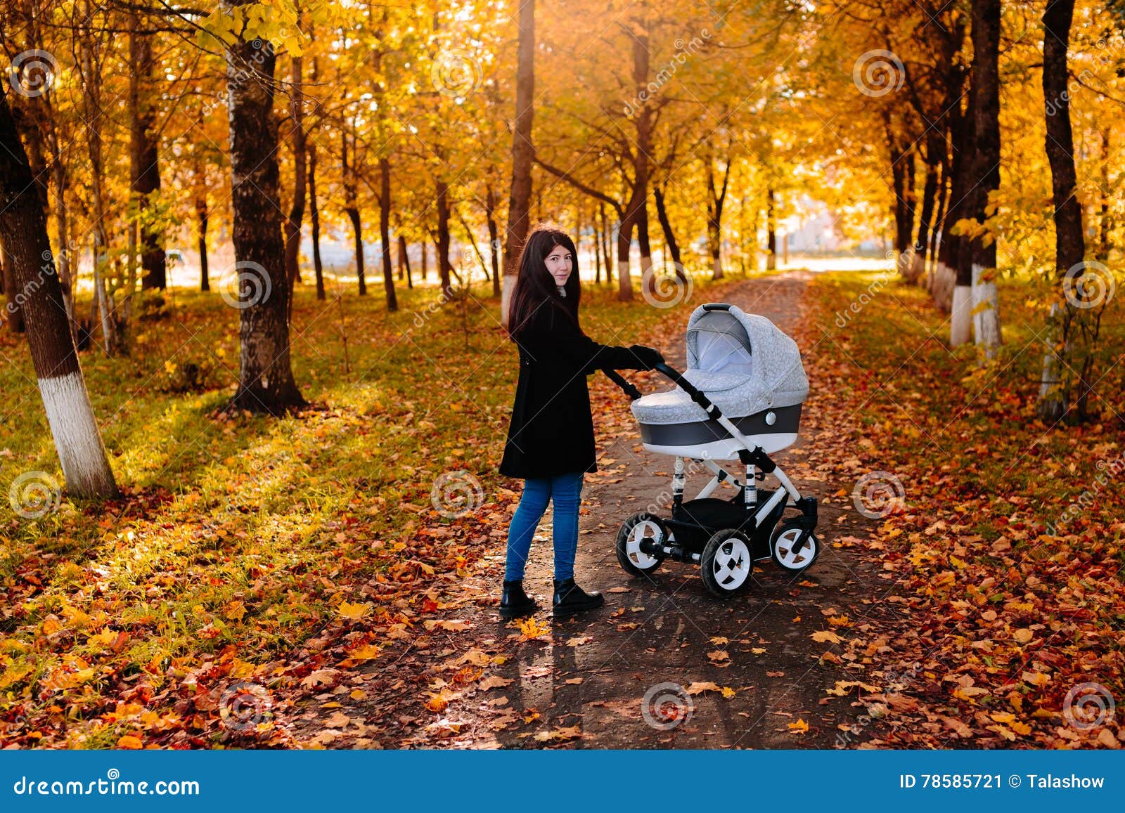 Young Happy Mom with a Stroller in Autumn Park Stock Image - Image of ...