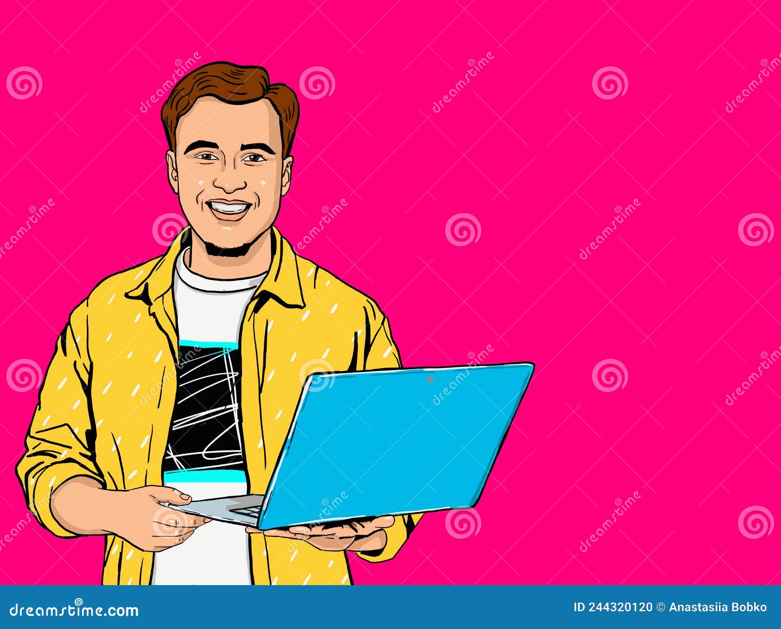 Young Happy Smiling Man with Laptop in the Hand in Comic Style. it ...