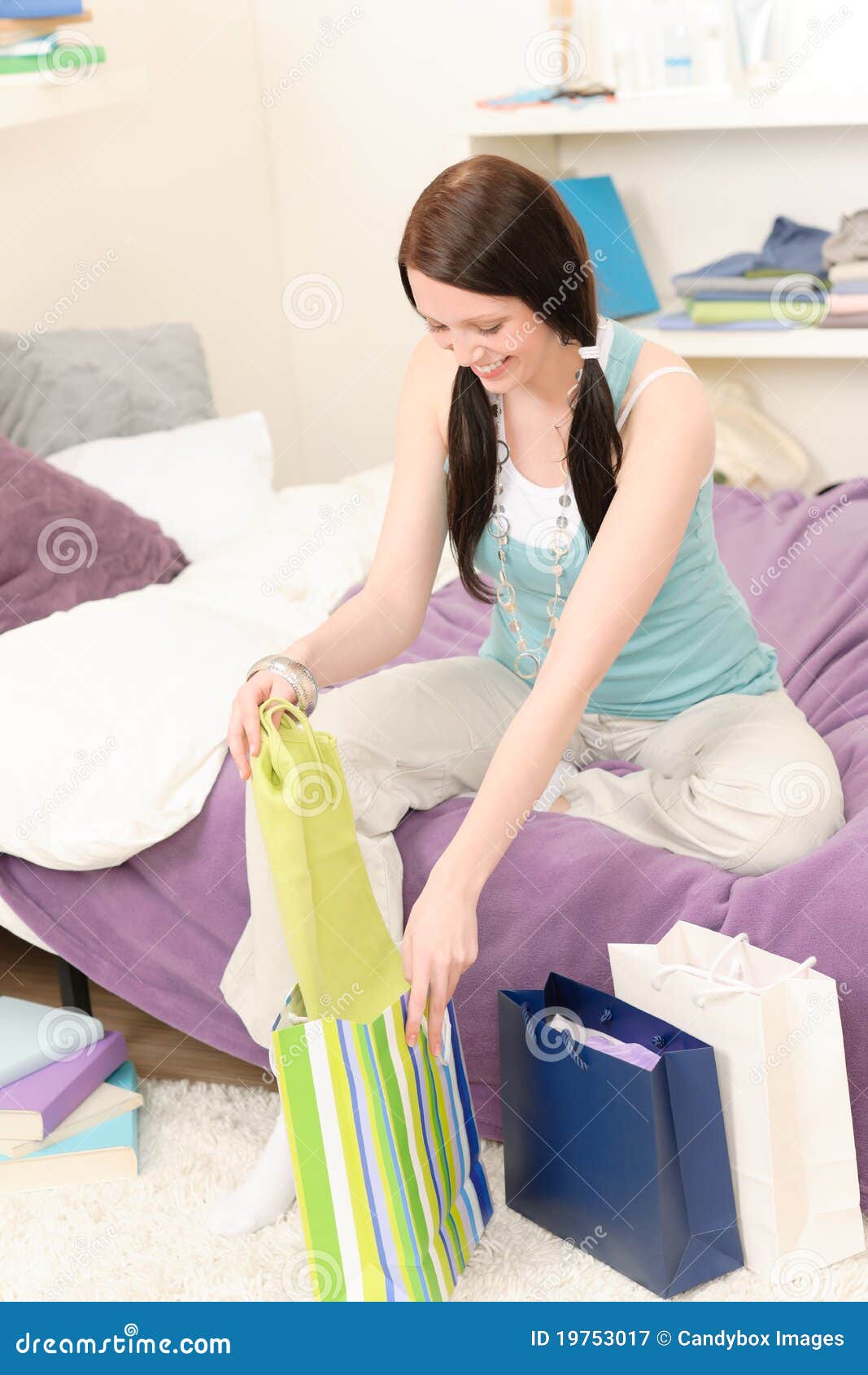 Young Happy Student Unpack Shopping Bags Stock Image - Image of ...