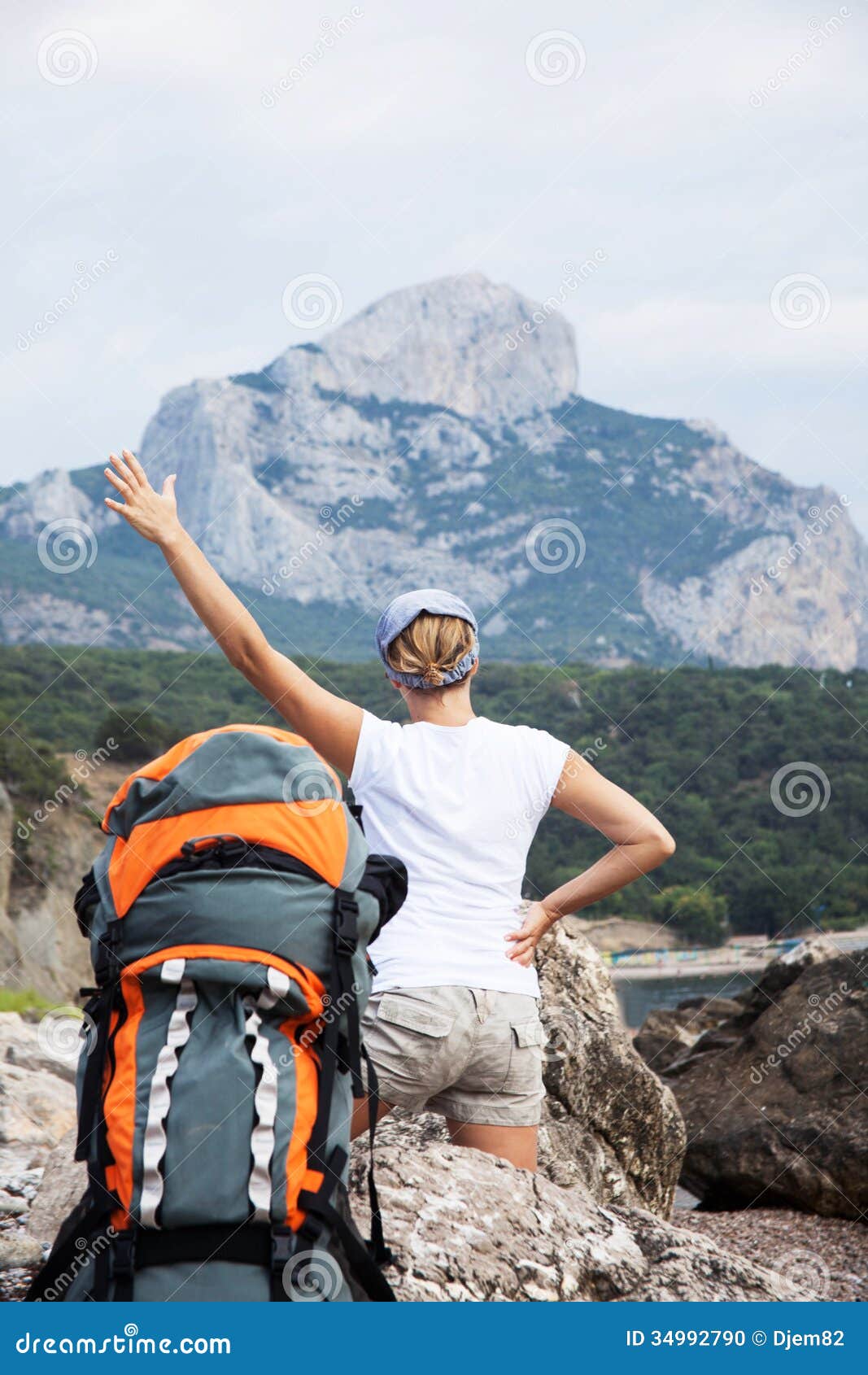 Young Happy Woman with Backpack Relaxing Stock Photo - Image of horizon ...