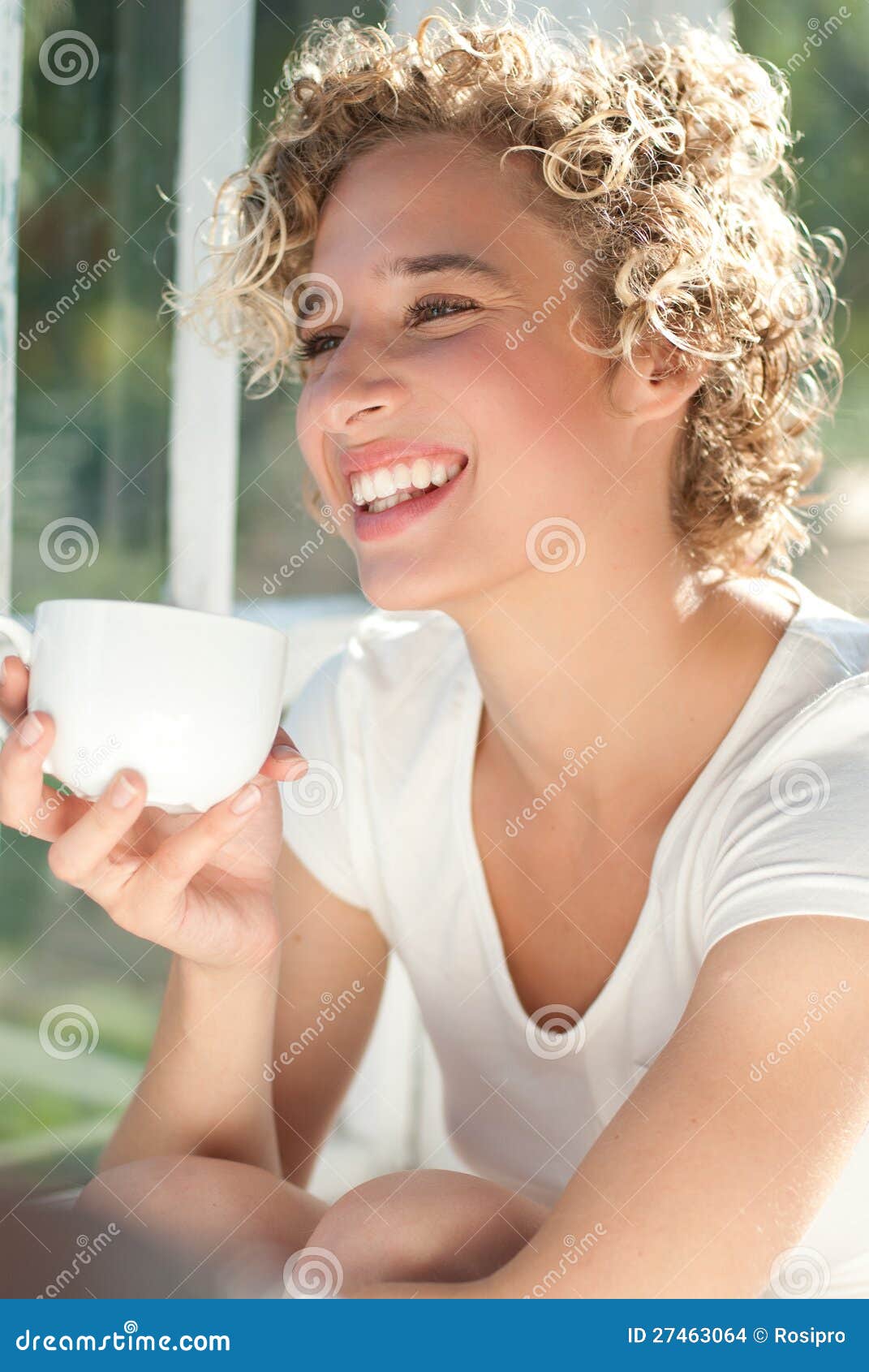 Young Happy Woman Having Morning Cup of Coffee Stock Photo - Image of ...