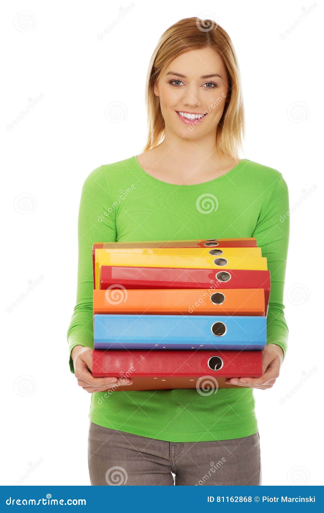 Young Happy Woman Holding Binders Stock Photo - Image of heavy ...