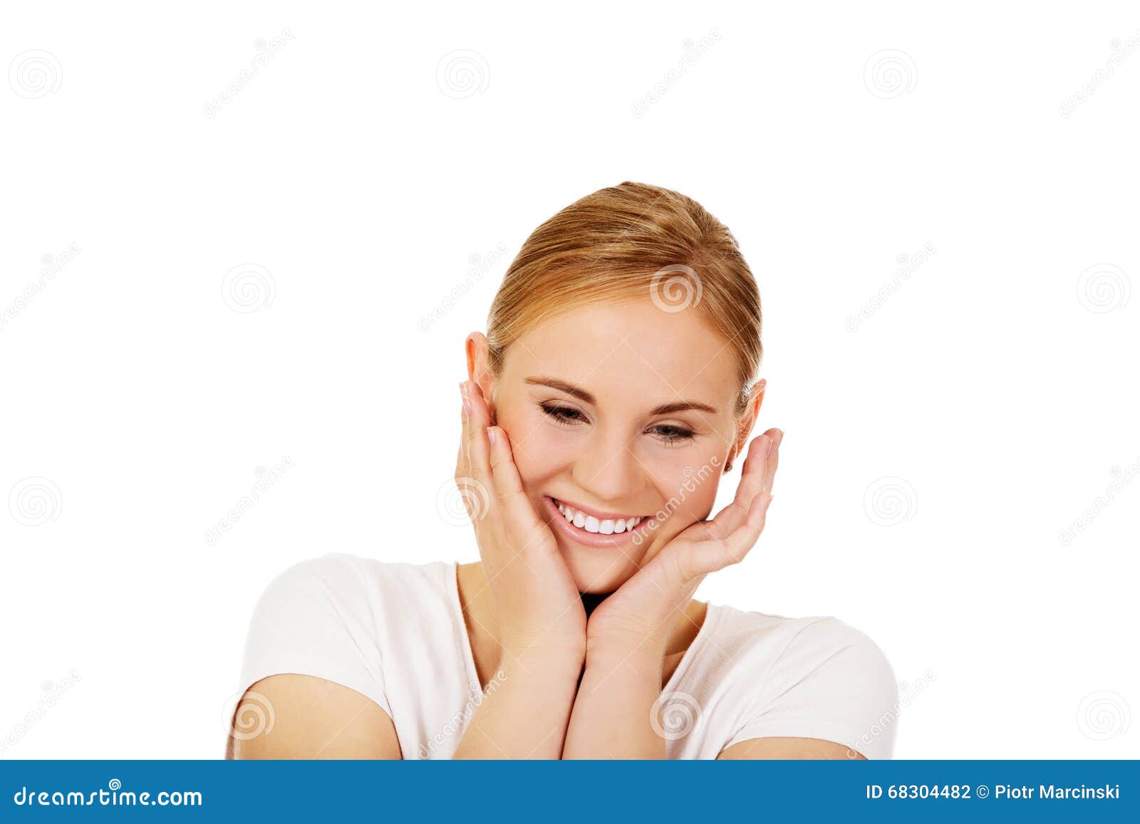 Young Happy Woman Holding Both Hands on Cheeks Stock Photo - Image of ...