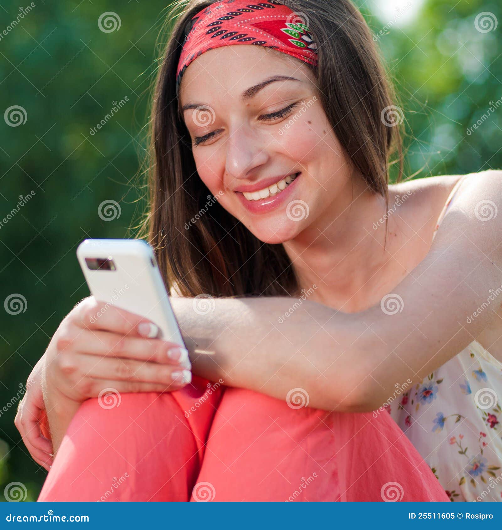 Young Happy Woman Reading Message on Mobile Stock Image - Image of ...